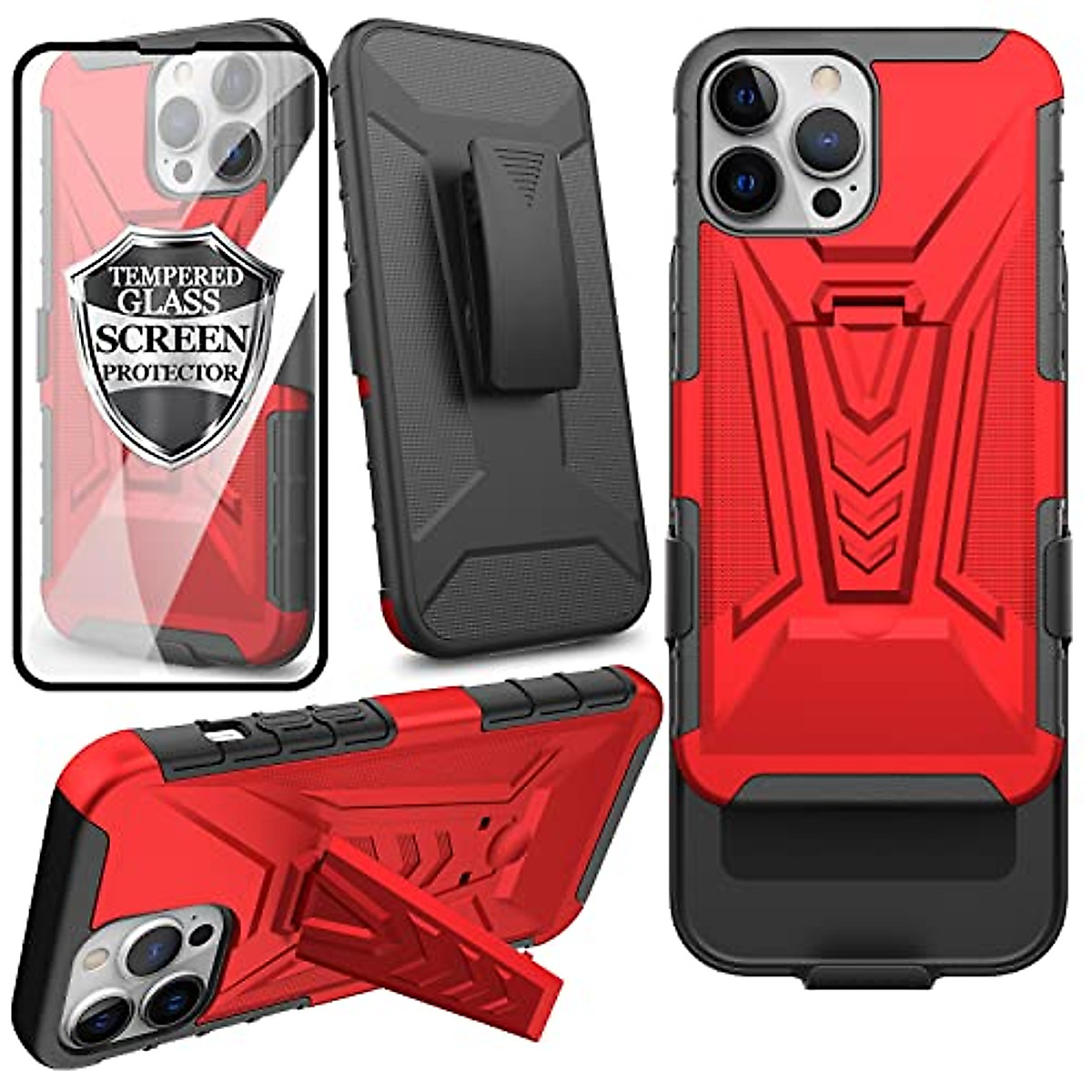 Ailiber Compatible with iPhone 14 Pro Phone Case, iPhone 14Pro Case with Screen Protector, Swivel Belt Clip Holster with Kickstand, Heavy Duty Full Body Shockproof Cover for iPhone 14 Pro 6.1"-Red