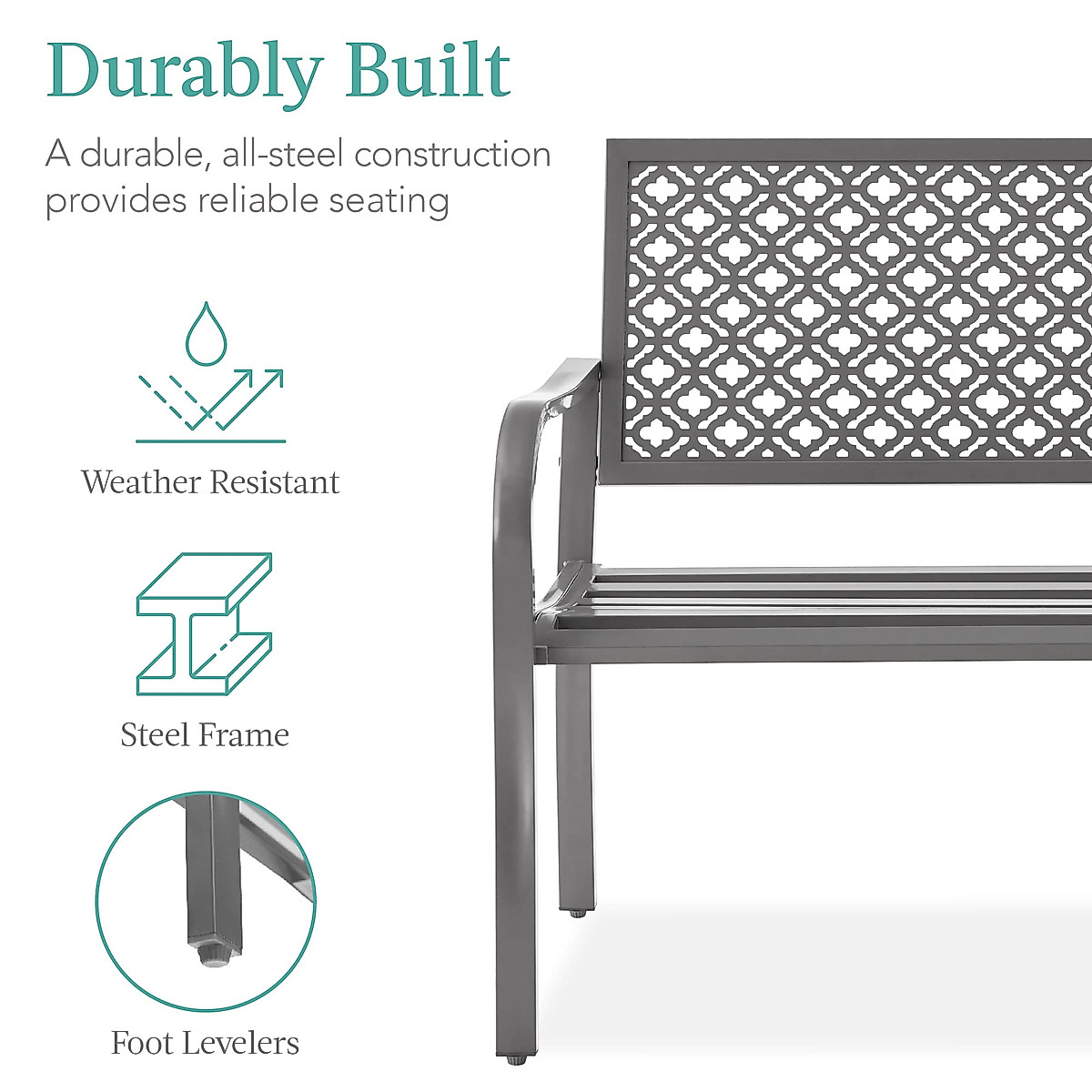 Best Choice Products Outdoor Bench 2-Person Metal Steel Benches Furniture for Garden, Patio, Porch, Entryway w/Geometric Backrest, 790lb Capacity – Gray