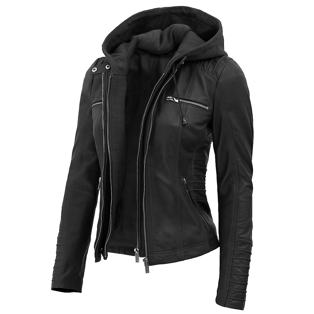 Blingsoul Hooded Womens Leather Jackets | [1313775] Helen Black, XL