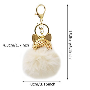 Honbay Faux Rabbit Fur Fluffy Keychain Fashion Fox Head Alloy Keychain Sparkly Rhinestone Car Keychain (Beige)