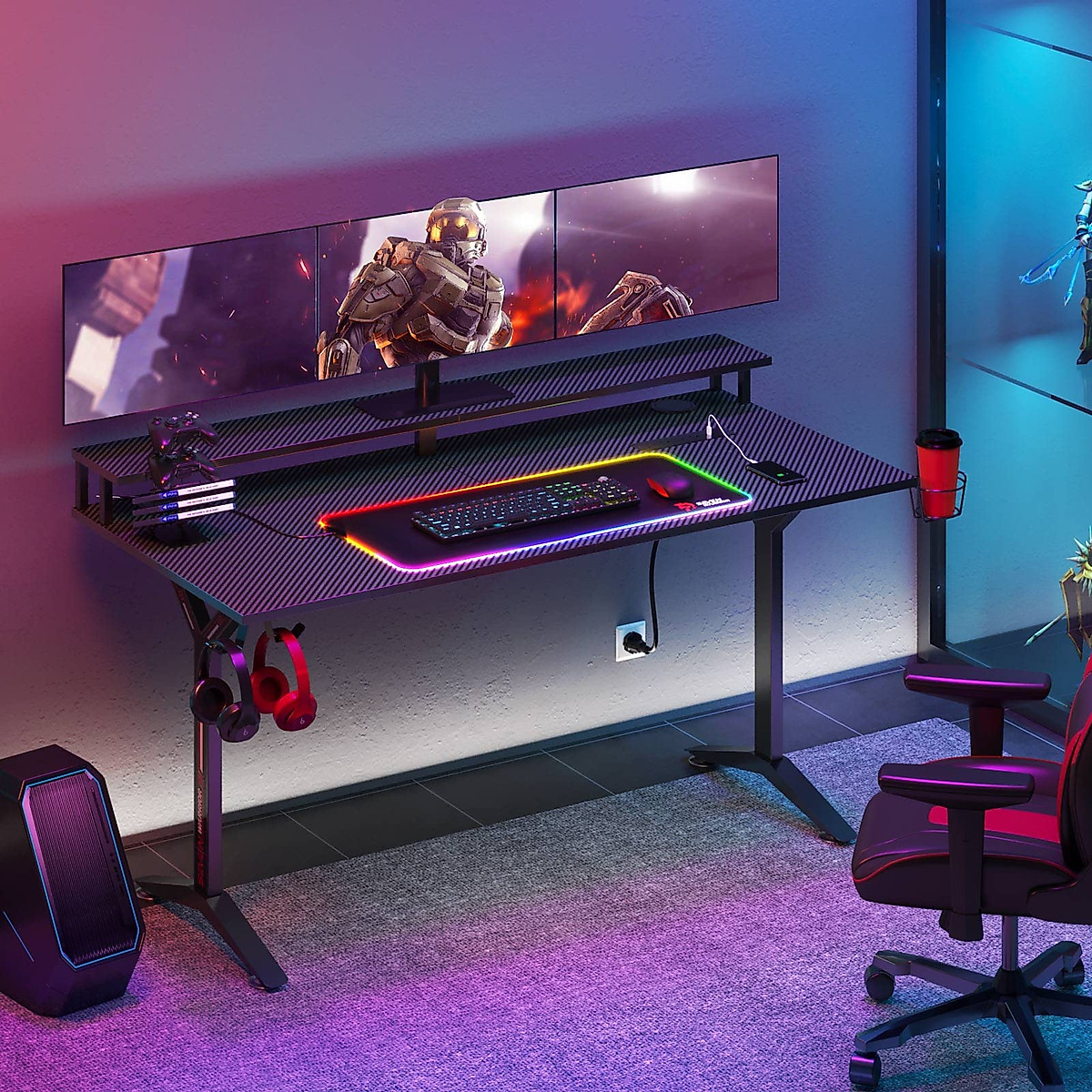 SEVEN WARRIOR Gaming Desk 40INCH with RGB Mouse Pad & Power Outlet, Carbon Fiber Surface Gamer Desk with Monitor Stand, Ergonomic Y Shaped Gamer Table with Cup Holder, Headphone Hook, Outlet Organizer