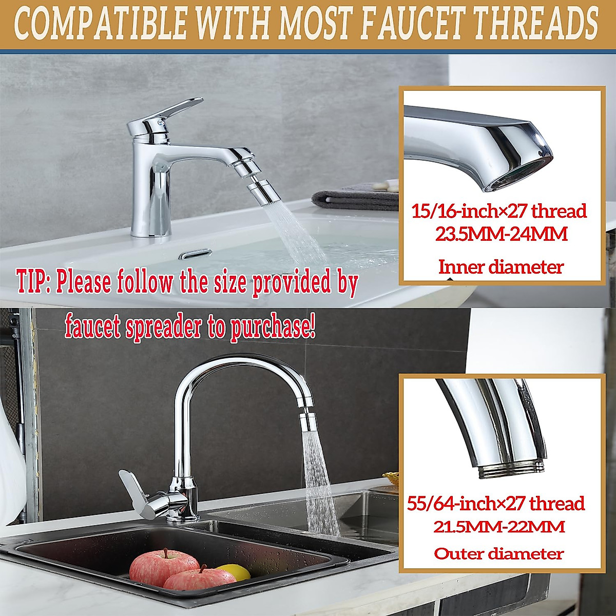 SNUTUYA Brass Swivel Faucet Aerator, Dual-function Sink Aerator ，Extra Big large Angle Rotary Faucet Aerator, 360 Degree Swivel Faucet Extender for Kitchen 55/64 inch Female Thread,Splash-Proof