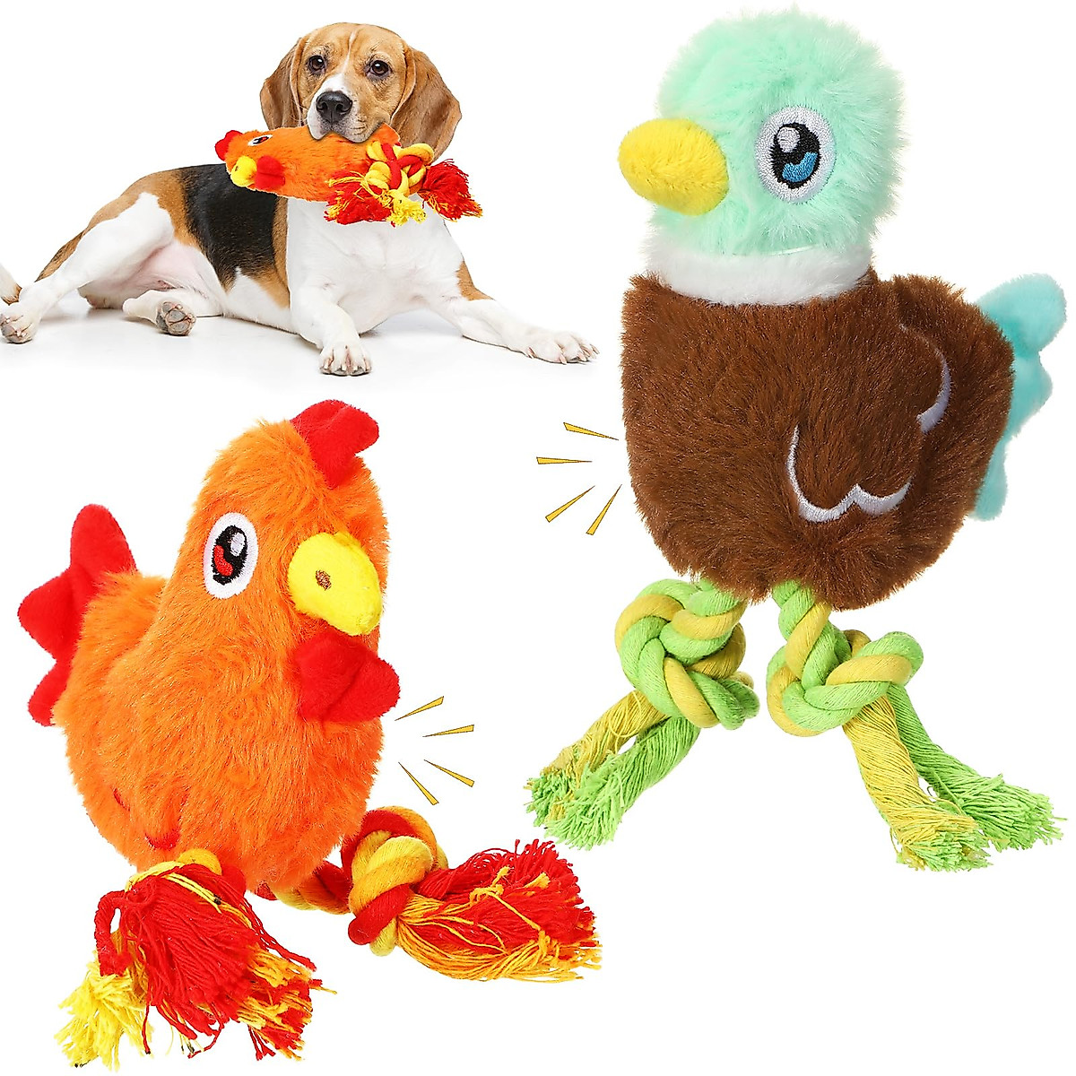 Leyndo 2 Pack Squeaky Plush Dog Toy Duck Chicken Dog Toy Teething Toys for Dog Puppies Interactive Stuffed Chew Toys Stuffed Animal Chew Toys for Small Medium Dogs Halloween Christmas Present