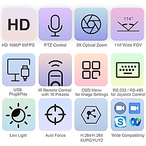 TONGVEO 3X Optical Zoom PTZ Camera 1080P 60fps USB 3.0 114-Degree Wide-Angle for Video Conference Business Meeting Live Streaming Online Learn with Zoom Skype Teams OBS and More
