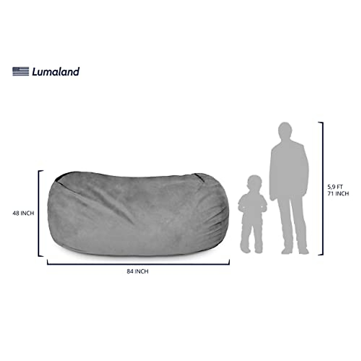 Lumaland Luxurious Giant 7ft Bean Bag Chair with Microsuede Cover - Ultra Soft, Foam Filling, Washable Jumbo Sofa for Kids, Teenagers, Adults Sack Dorm, Family Room Dark Grey