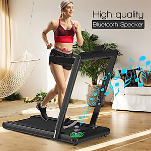 Goplus 2-in-1 Folding Treadmill, 2.25HP Electric Under Desk Treadmill W/LED Display, Blue Tooth Speaker, APP & Remote Control, Phone Holder, Walking Running Machine for Home Office Gym (Black)