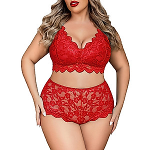 Avidlove Women Sexy Plus Size Lingerie Set Sexy Lace Bra High Waist Panty Set Red