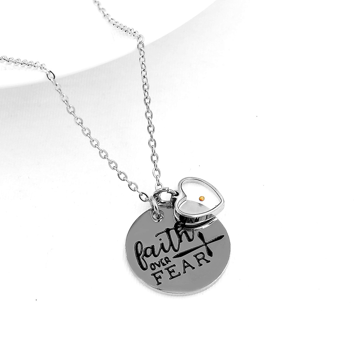Uloveido Stainless Steel Faith Over Fear Cross Necklace with Real Mustard Seed Heart Pendant Charms Inspirational Jewelry Y855 (Heart)