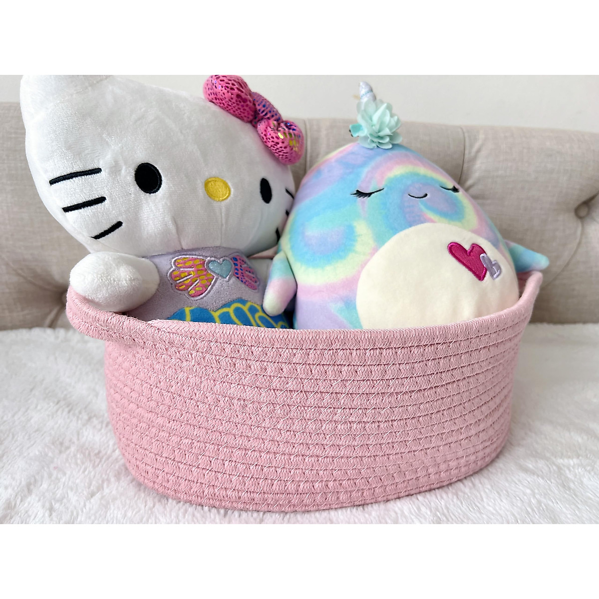 GiftExpress 2 Pack Pink Woven Basket - 13" x 8" x 5" Cotton Rope Organizing Baskets for Baby Items or Cat & Dog Toys - Cute Soft Gift Storage Bin w/ Handles