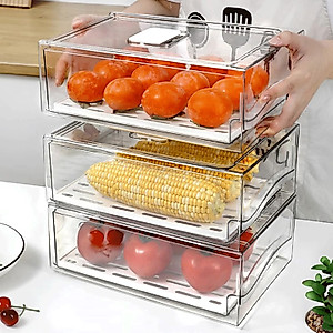 Yatmung Refrigerator Organizer Bin with Ventilation System - Clear pull out fridge storage drawers stackable plastic -Vegetable, deli, freezer, kitchen - Refrigerator Organizing and storage ( 2 Pack )