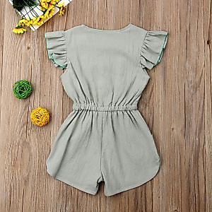 Toddler Kids Baby Girl Flutter Sleeve Short Romper Jumpsuit Botton Down Shirt Tops with Bowknot (Light Green, 4-5T)