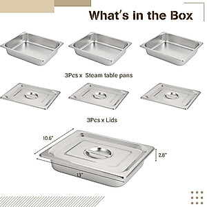 3 Pack Hotel Pans Half Size with Lid, 2.5 inch Deep Steam Table Pans for Restaurant Cafeteria Party Catering, Stainless Steel Anti-Jamming Steam Pan Food Pans