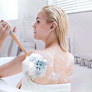 AmazerBath Shower Sponge Loofah Back Scrubber, PE Soft Mesh Loofah Body Scrubber with Long Wooden Handle, Bath Sponge for Men Women (Green)