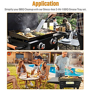 RUSFOL 3-in-1 Grease Catcher Pan with Stainless Steel Mesh Screen Grease Gate and 10 Pcs Aluminum Drip Pans Liner for 28"/36 Blackstone Griddles, Free from Drill&Easy Install BBQ Accessories