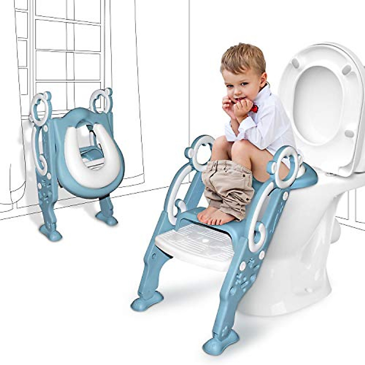 GrowthPic Toddler Toilet Seat with Step Stool Ladder for Boy and Girl Baby, Potty Training Seat Kid's Toilet Trainer with Splash Guard (Blue)