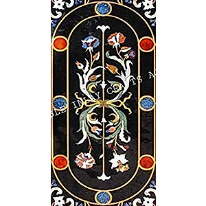 72" X 48" Inch Black Marble Coffee Table Rectangle Hand Made Inlaid With Natural Semiprecious Stones Marquetry