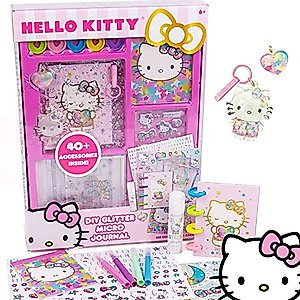 Hello Kitty DIY Glitter Micro Journal by Horizon Group USA, 40+ Stationery Accessories Including Hello Kitty Stickers, Surprise Keychain, Interchangeable Binder Discs, Squishy Glitter Cover & More