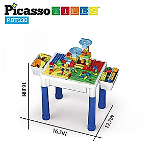 PicassoTiles Kids Activity Center Play Table & Study Desk Set Sandbox Water Tight Container Storage All-in-1 STEM Toy Kit Playset with 331pc Dual Size Building Bricks Construction Blocks Marble Run