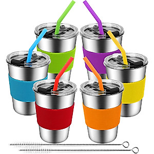 EWSNmata Kids Cups with Straws Spill Proof, Stainless Steel Sippy Cups with Lids, 12oz Toddlers Straws Tumbler, 6 Pack Unbreakable Water Glasses for Children, Adults, Outdoor, Indoor