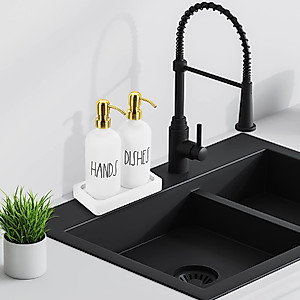 Luxury Gold Soap Dispenser for Kitchen Sink by Brighter Barns - White Glass Kitchen Soap Dispenser Set with Tray, Stainless Steel Pump - Modern Farmhouse Decor, White and Gold Kitchen Accessories