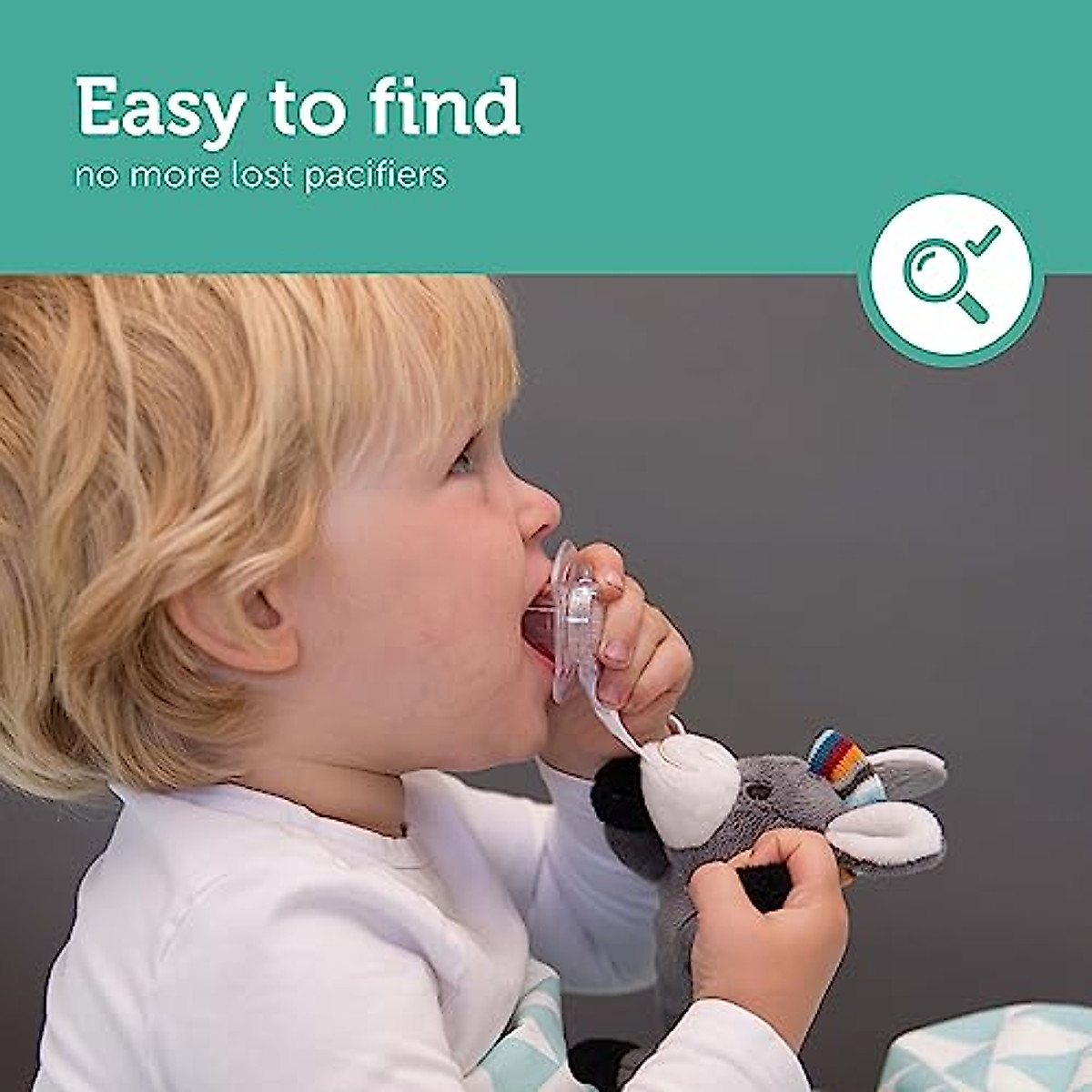 Plush Animal Pacifier Holder - Detachable Universal Paci Toy for Babies & Toddlers, Dexy The Dog White and Grey Stuffed Animal by ZazuKids