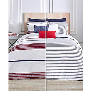 Lacoste 3-Piece Milady Cotton Duvet Cover Set, Reversible Stripes, Red, Full/Queen