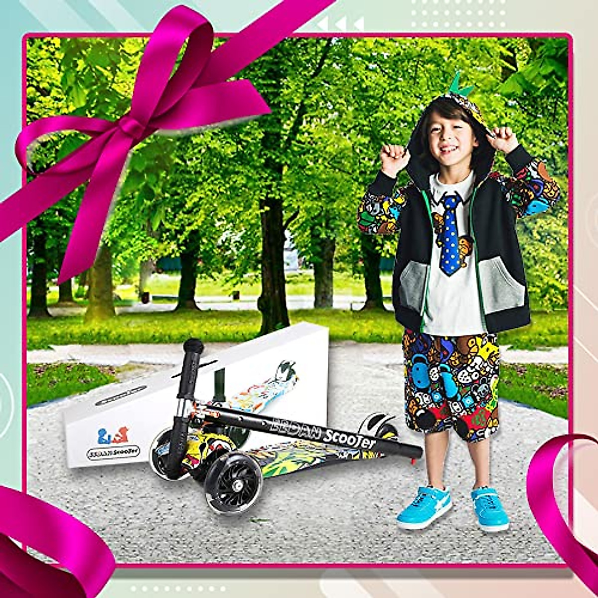 Scooter for Kids 3 Wheels Scooter Kids Scooter 4 Adjustable Height Lean to Steer Extra-Wide Deck Kids Scooter with LED Light Up Wheels Toddlers Girls & Boys from 3 to 12 Year-OldLearn to Steer