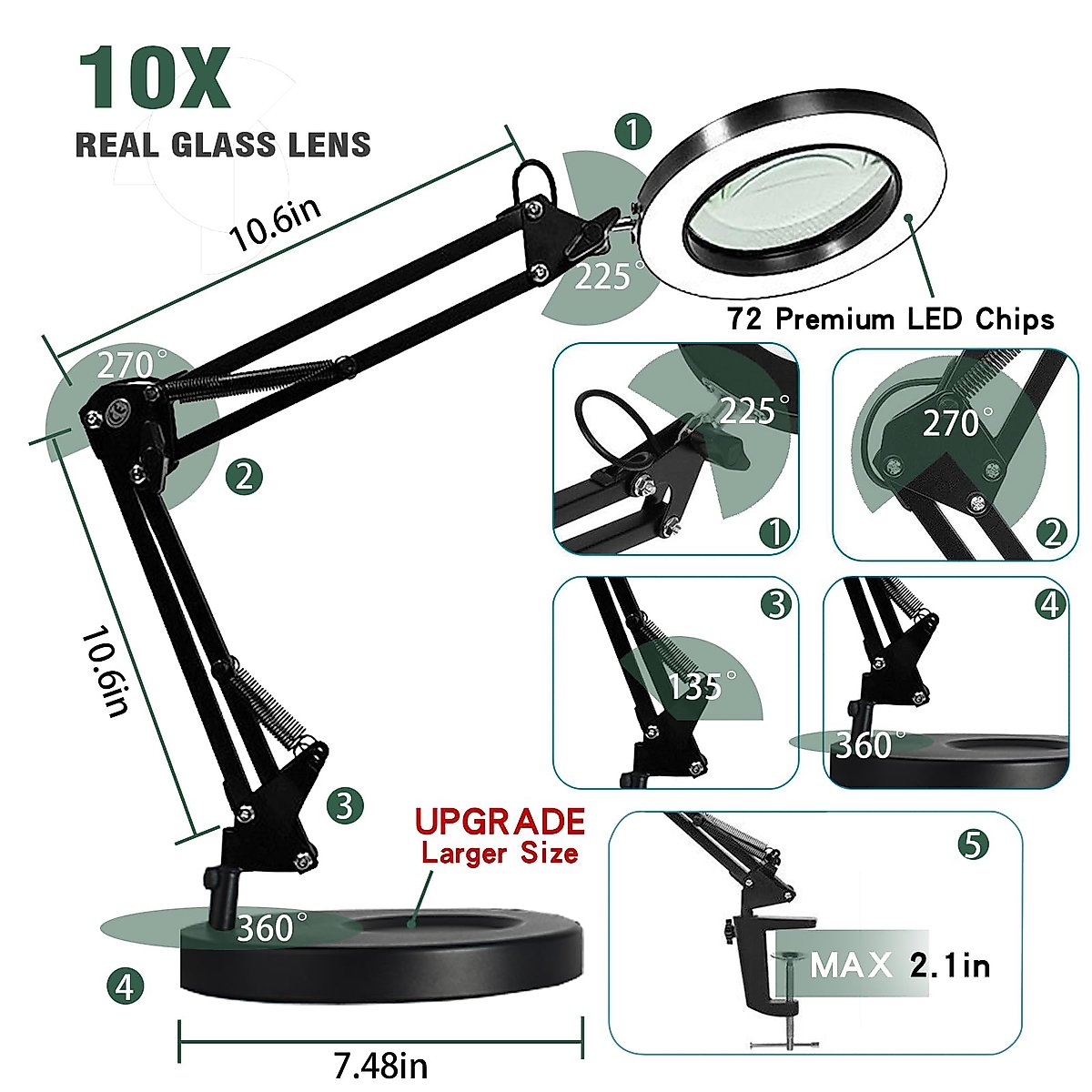 Nerefou Magnifying Glass with Light and Stand, 10X Magnifying Lamp, 2-in-1 Magnifying Desk Lamp with Clamp, 3 Color Mode, Magnifying Glasses with Light for Close Work (1st Generation Base ＆ Clamp)