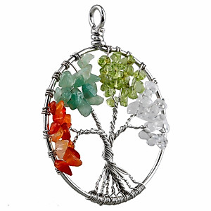 TUMBEELLUWA Tree Pendant Necklace Handmade Gemstone Chakra Alloy Jewelry for Women, Four Color Mixed Stone