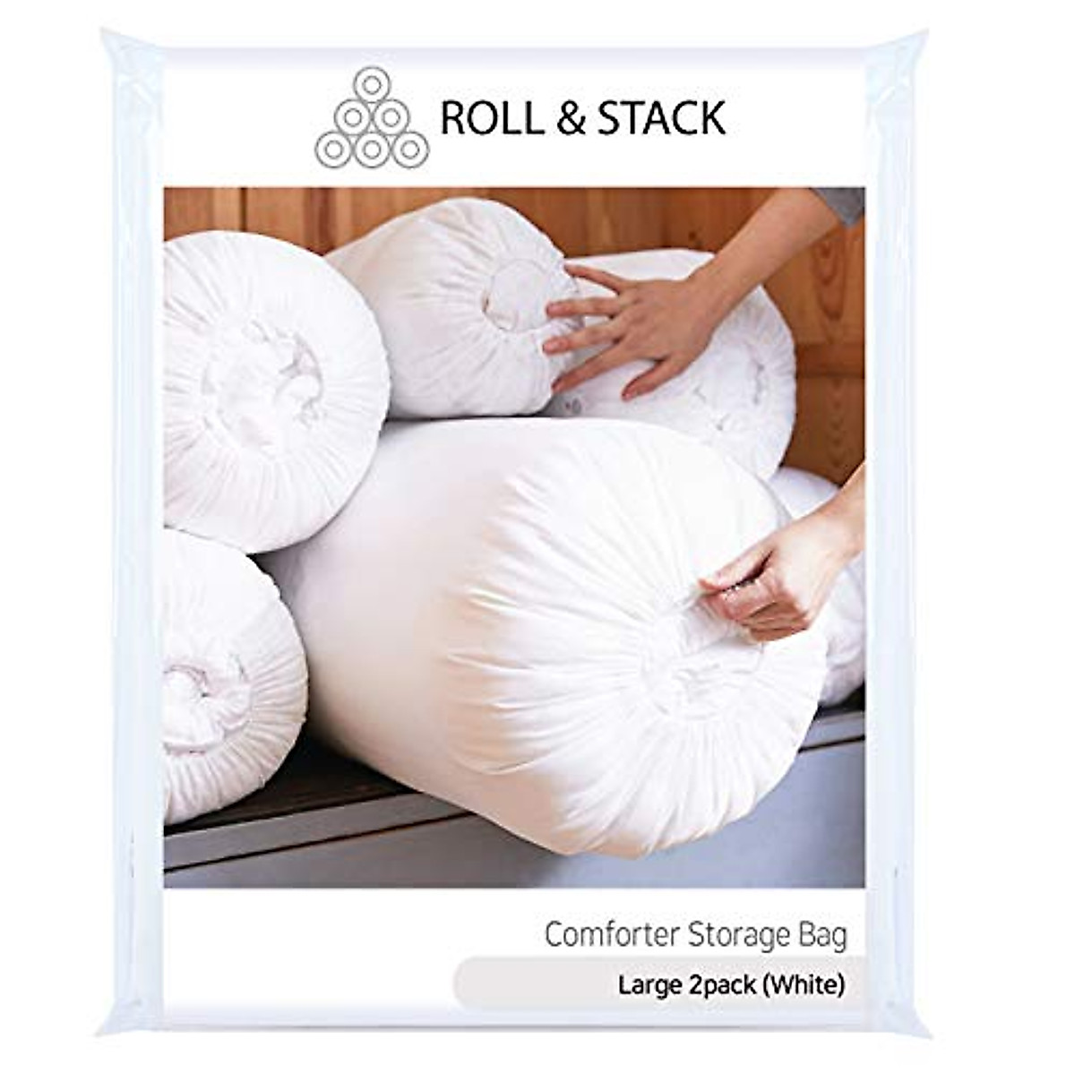 Roll&Stack Storage Bag Organizer for Comforters, Blankets, Bedding, Puffer, Large Clothes, Stackable, Underbed, Dustproof, Washable, High Density Premium Fabric, Organization Pouch, Space Saving Bags - L (45L), White, 2 pack