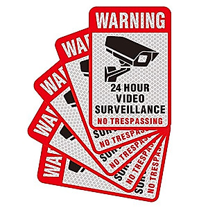 5 Pieces 24 Hours Video Recording Surveillance No Trespassing Sign Sticker. Self Adhesive 5.9 X 4 Inch, It Is Made of Reflective Film,Printed With UV Ink,Waterproof and Sunscreen, Not Fade.