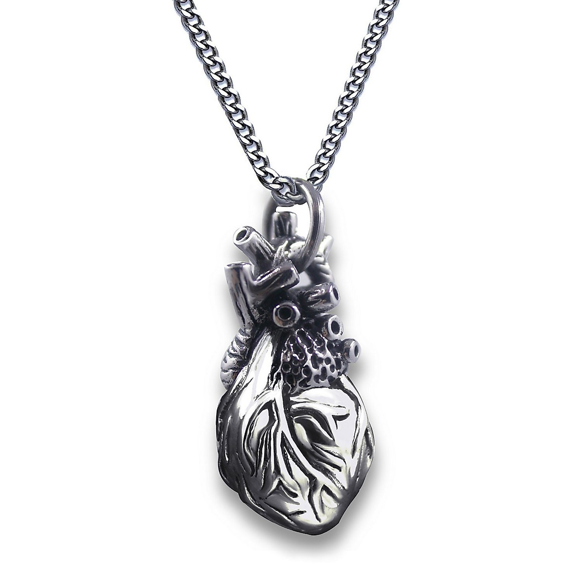 Pearlina Anatomical Heart Necklace Man or Woman 3D Pendant Oxidized Antique-Finish Stainless Steel, 24"