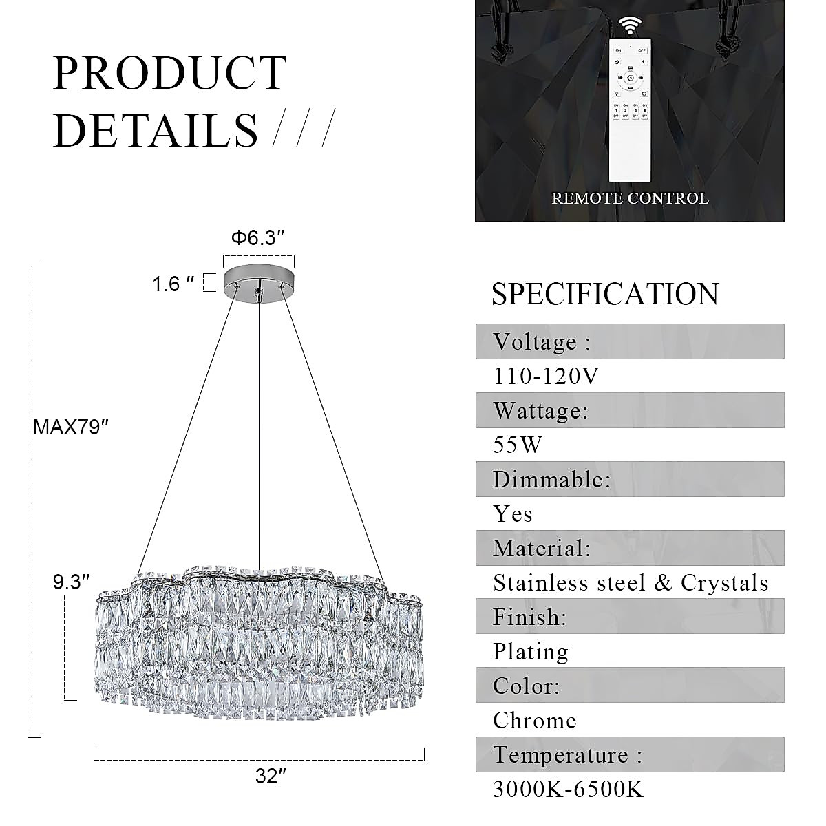 Poemoon Modern Crystal LED Chandelier 32’’ with Remote Control Dimmable 3000-6500K Contemporary Chrome Luxury Chandeliers Light Fixture for Living Dining Room Bedroom Kitchen Island Foyer Entryway