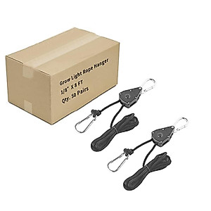 OneChoi Grow Light Rope Hanger 50Pairs，1/8" 8-Feet Long Heavy Duty Adjustable Rope Clip Hanger, Adjustable Rope Ratchet Hangers 150 Lbs per Pair Used with Grow Light, Grow Bags