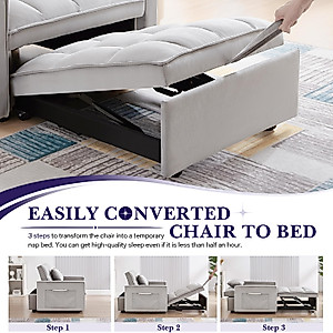 Sleeper Sofa Chair Bed, Convertible Velvet Single Pull Out Sofa Chair, Modern Tufted Living Room Reading Chair with Adjustable Backrest/Pillow for Small Spaces, Apartment, Office, Grey