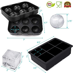 Set of 2 Round and Square Silicone Ice Cube Tray with Lid - Silicone Trays for Freezer, Ball & Square Ice Cube Mold for Cocktail & Bourbon - BPA Free