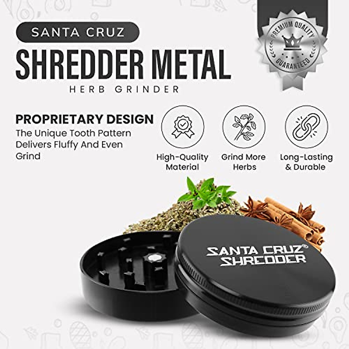 Santa Cruz Shredder Metal Herb Grinder Knurled Top for Stronger Grip 2-Piece 2.2" (Black)