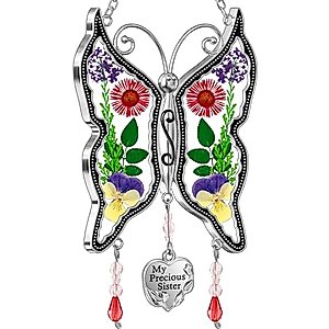 KY&BOSAM Butterfly Suncatcher Stained Glass Hangings for Windows My Precious Sister Sun Catcher Pressed Real Flower Wing in Glass Dream Catchers Birthday Mother`s Day Wind Chimes Charm