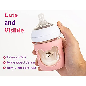 100% Silicone Baby Bottle Sleeves for Philips Avent Natural Glass Baby Bottles, Premium Food Grade Silicone Bottle Cover, Cute Bear Design, 4oz, Pack of 2 (Pink/Purple)