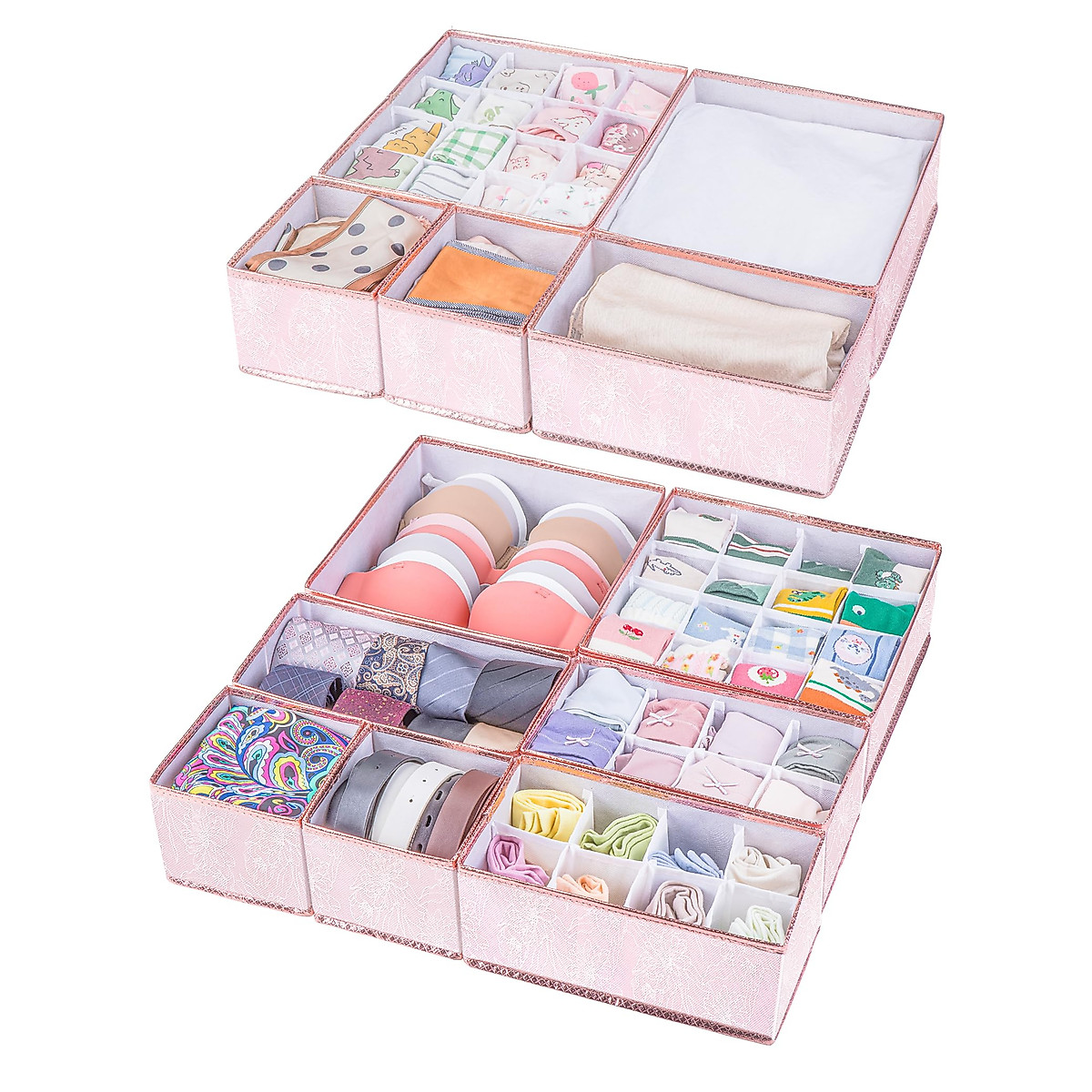 MYTHAUS 12 Pack Drawer Organizers for Clothing - Foldable Collapsible Fabric Closet Organizer and Storage Dresser Drawer Divider, Storage Box for Underwear, Socks, Bra, Ties, Pink