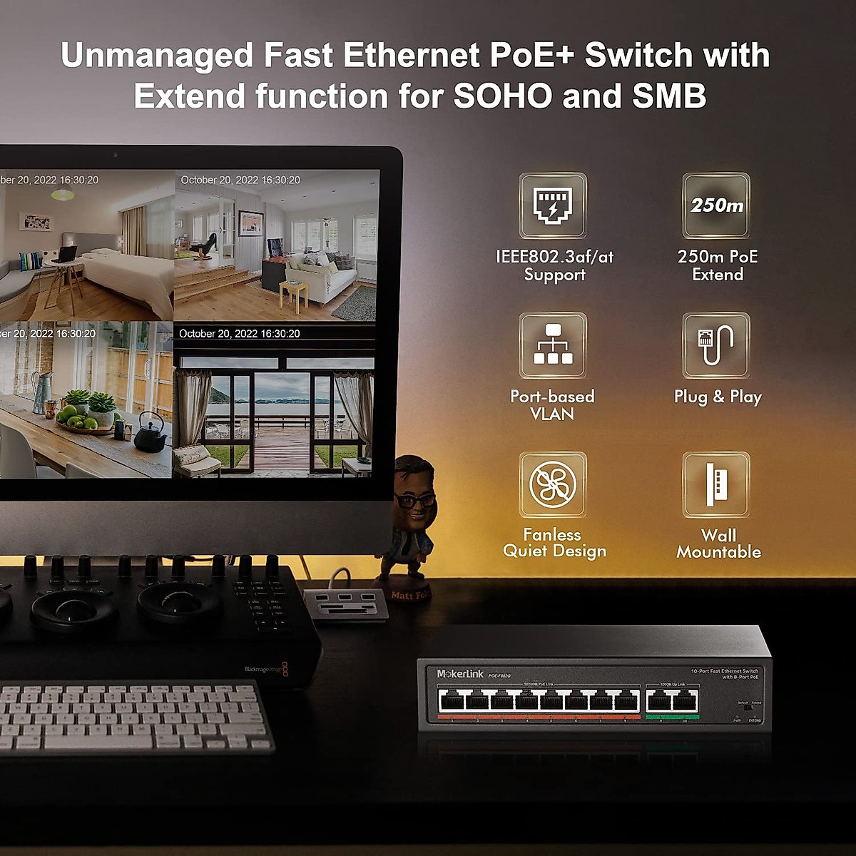 MokerLink 8 Port PoE Switch with 2 Gigabit Uplink, 802.3af/at PoE+ 100Mbps, 120W Built-in Power, Extend to 250Meter, Metal Plug & Play