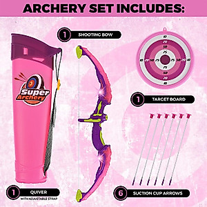 Liberty Imports Kids Bow and Arrow Set - LED Light Up Archery Toy Set with 6 Suction Cup Arrows, Target, Quiver - Indoor and Outdoor Target Practice for Girls (Pink)