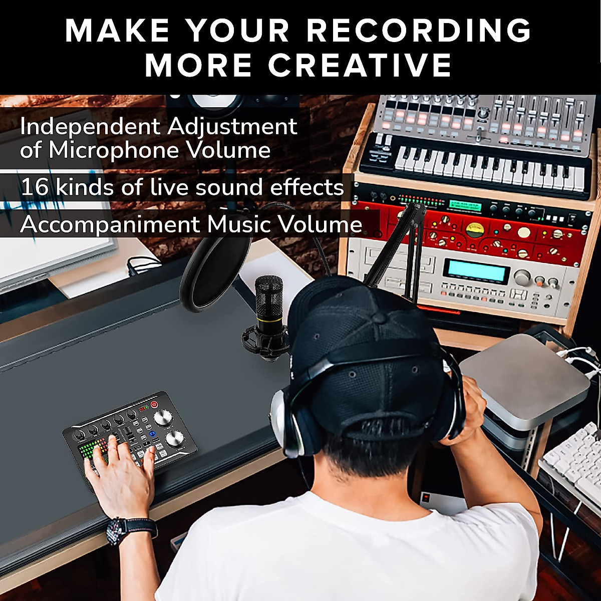 Prisciliano Podcast equipment bundle. Audio Interface with condenser microphone & accesories: Sound Card Mixer. Podcast Studio equipment for Live Streaming, PC, Karaoke Recording and Gaming. DJ Mixer.