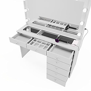 Boahaus Serena Modern Makeup Vanity with Hollywood Light Bulbs Add-On, 7 Drawers, Wide Mirror, Glam Glass Top for Bedroom