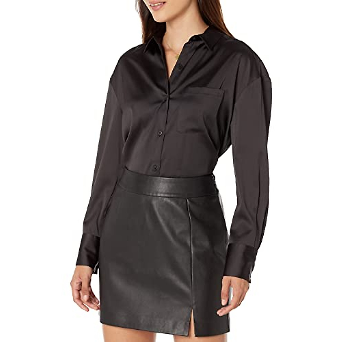 The Drop Women's Black, Logan Silky Long Sleeve Basic Button Down Shirt, L