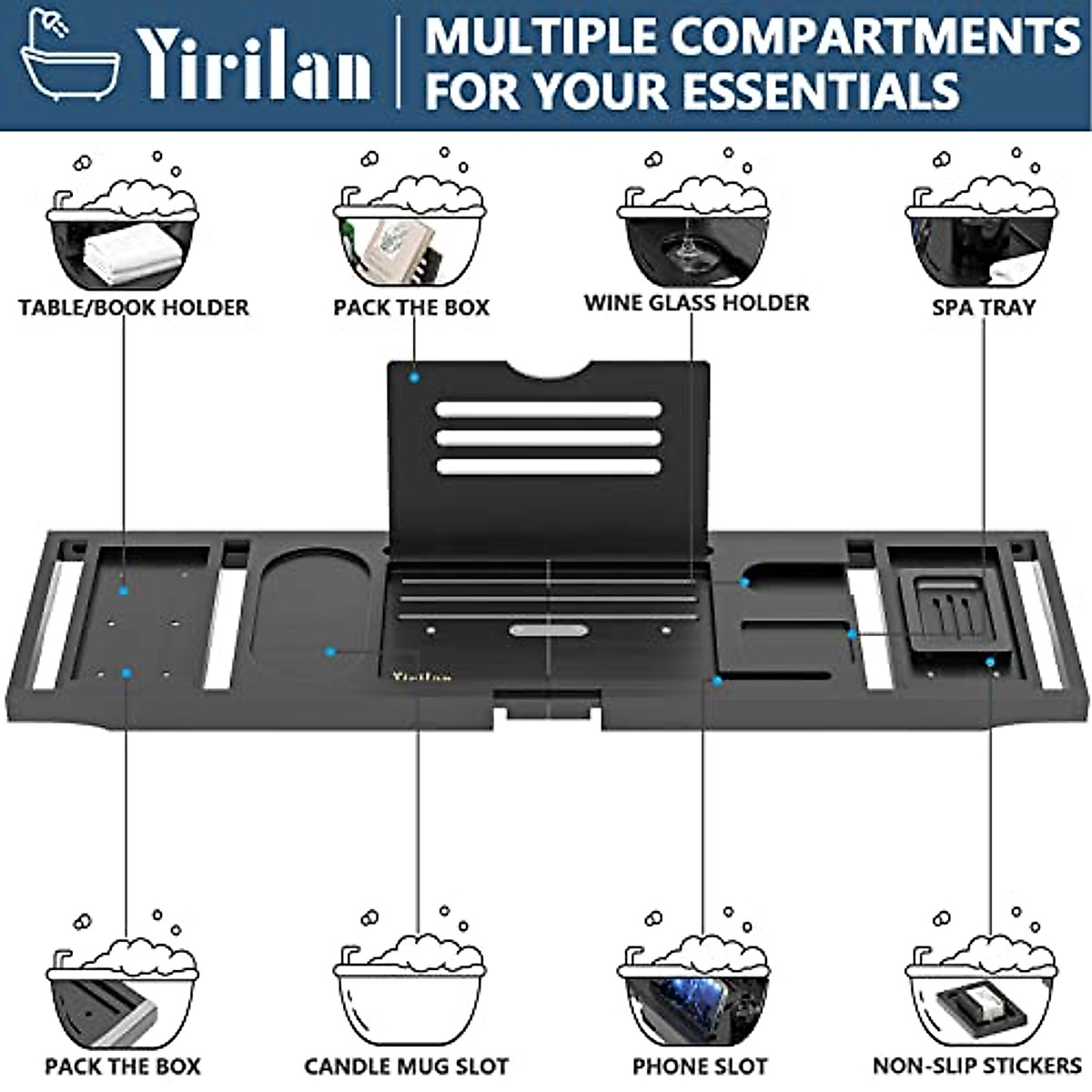 Yirilan Bath Tray, Foldable Bathtub Caddy, Adjustable Premium Bamboo Bathroom Tray for Tub, for Home Spa - Couples Wedding Gifts - Black