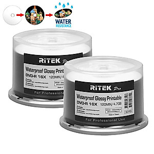 100 Pack Ritek Pro (Professional Grade) DVD-R 16X 4.7GB AZO Dye (MID MXL RG04) Watershield Water Resistant Glossy White Inkjet Hub Printable Blank Recordable Disc