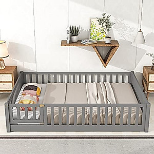 LLS Full Floor Bed for Children, Durable Montessori Floor Bed with Wood Slats, Safety Fence & Small Door, Wood Floor Bed Frame for Girls Boys and Children, Gray (with Bed Slats)
