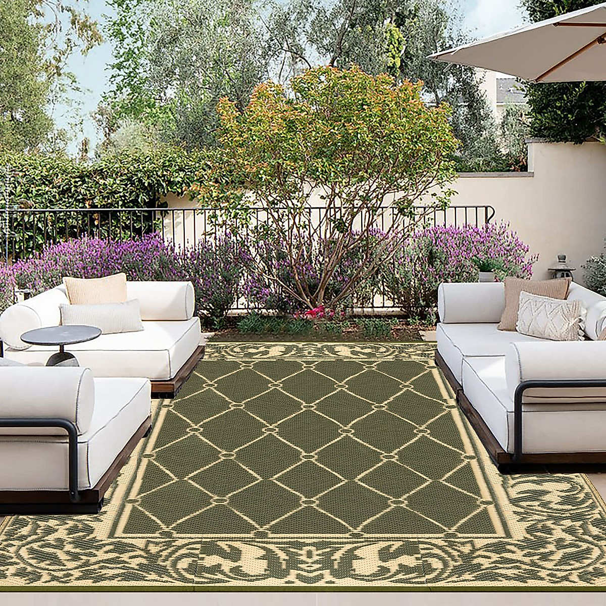 OutdoorLines Indoor Outdoor Rugs for Patio 4x6 ft - Reversible Outside Carpet, Stain & UV Resistant Portable RV Mat, Plastic Straw Rug for Camping, Pool Deck, Porch Rhombus Deep Lichen Green & Vanilla