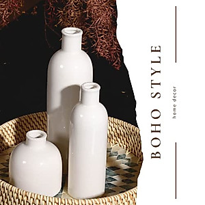 Perfnique Ceramic White Vase, Pampas Grass Vase Set of 3, Modern Boho Rustic Home or Living Room Decor, Farmhouse Decorative Dried Flower Bud Vase for Table Centerpieces Decor (White)